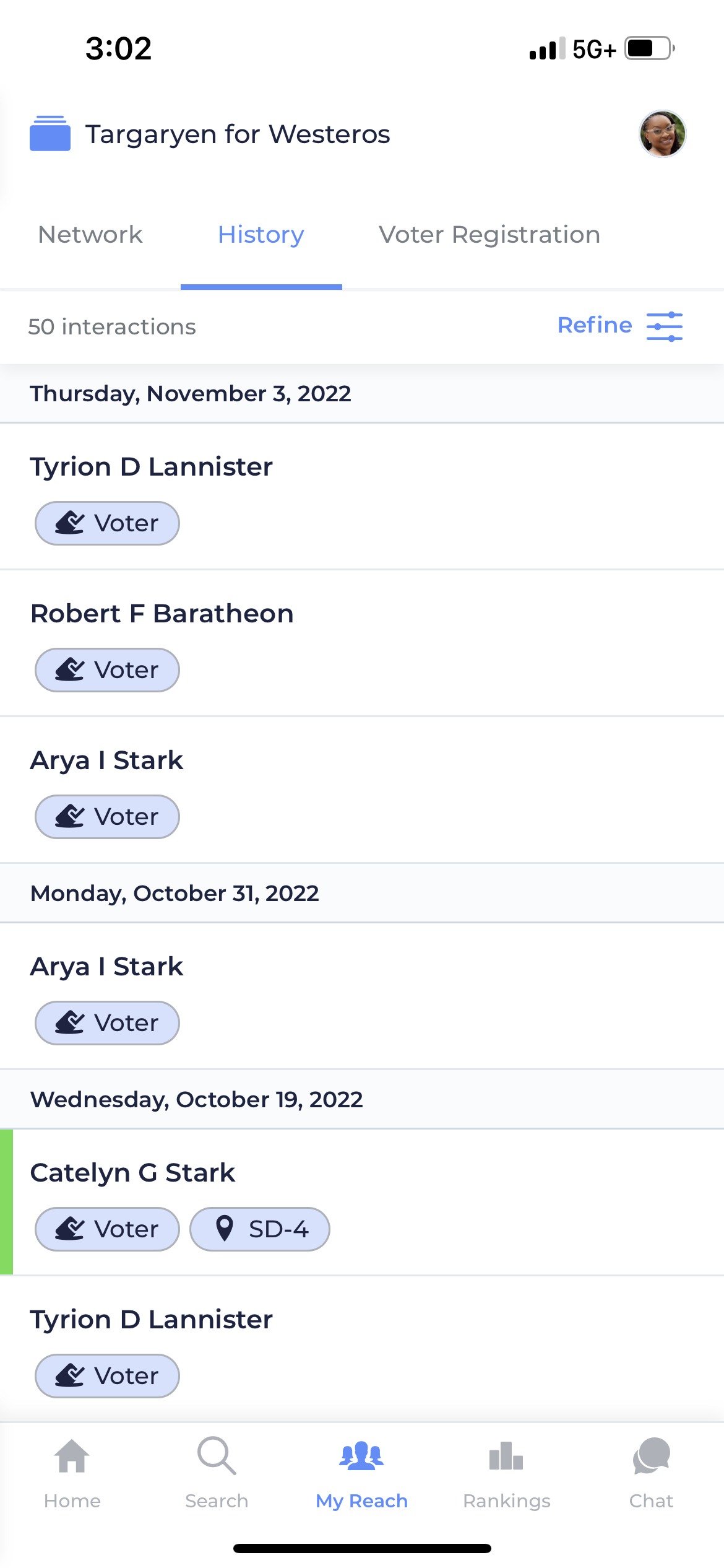 History Screen | Reach